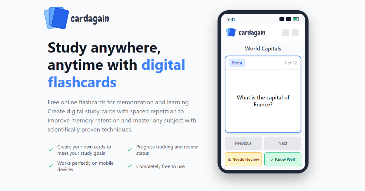 cardagain - Free Flashcards App for Memory & Learning | Master Any Subject